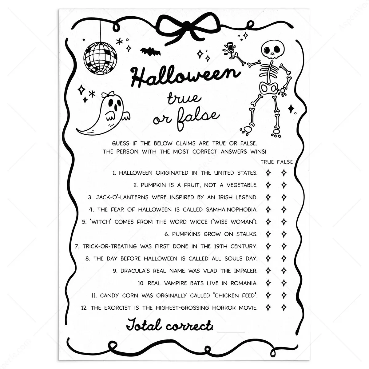 Skeleton Halloween True or False Quiz Game Card | Printable
