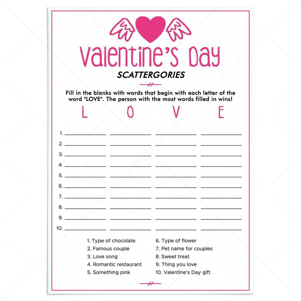 Valentines Day Scattergories Word Game | Fast Activity