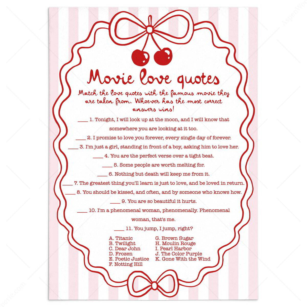 Sweet Romantic Movie Love Quotes Matching Game | Printable