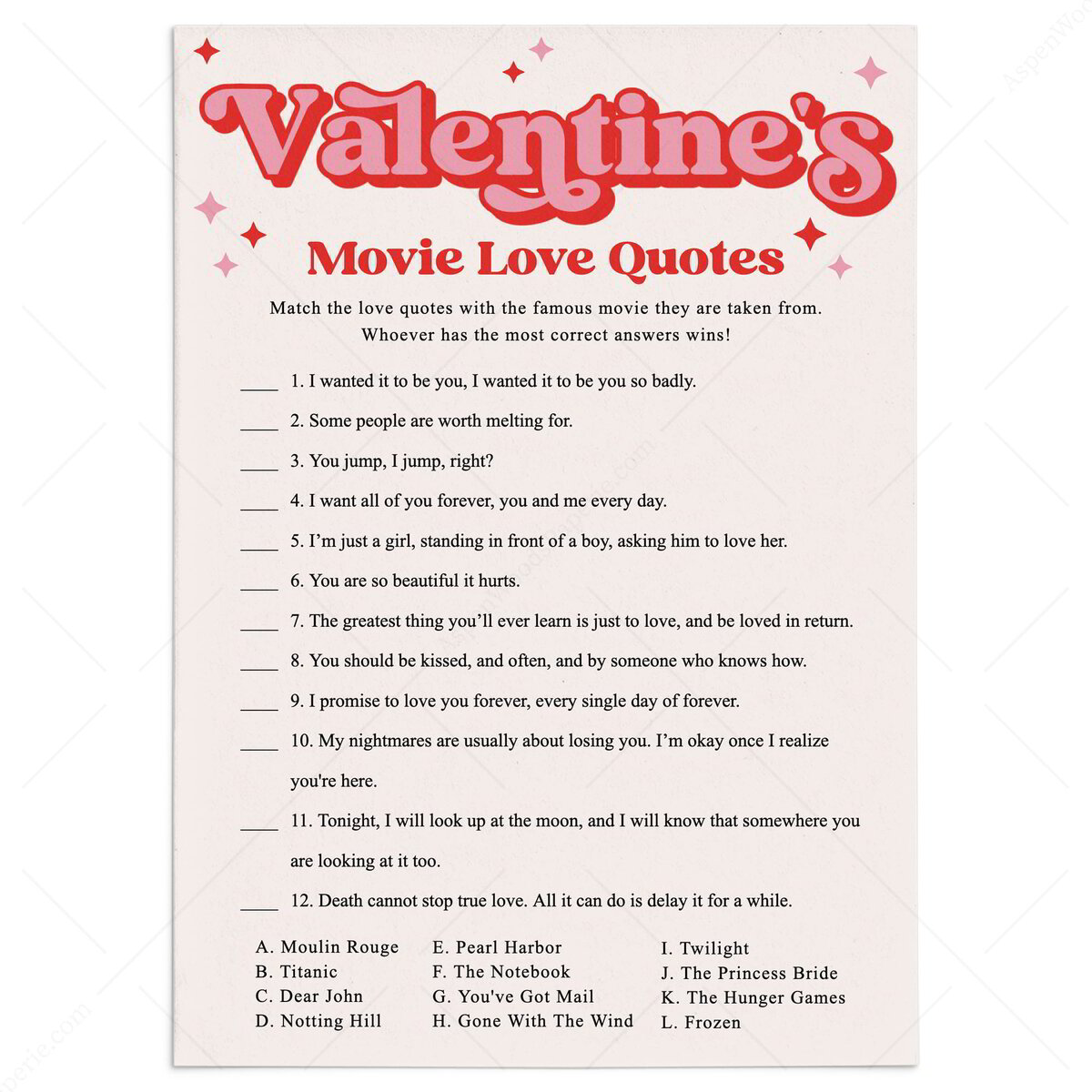 Romantic Valentines Day Movie Love Quotes | Matching Game