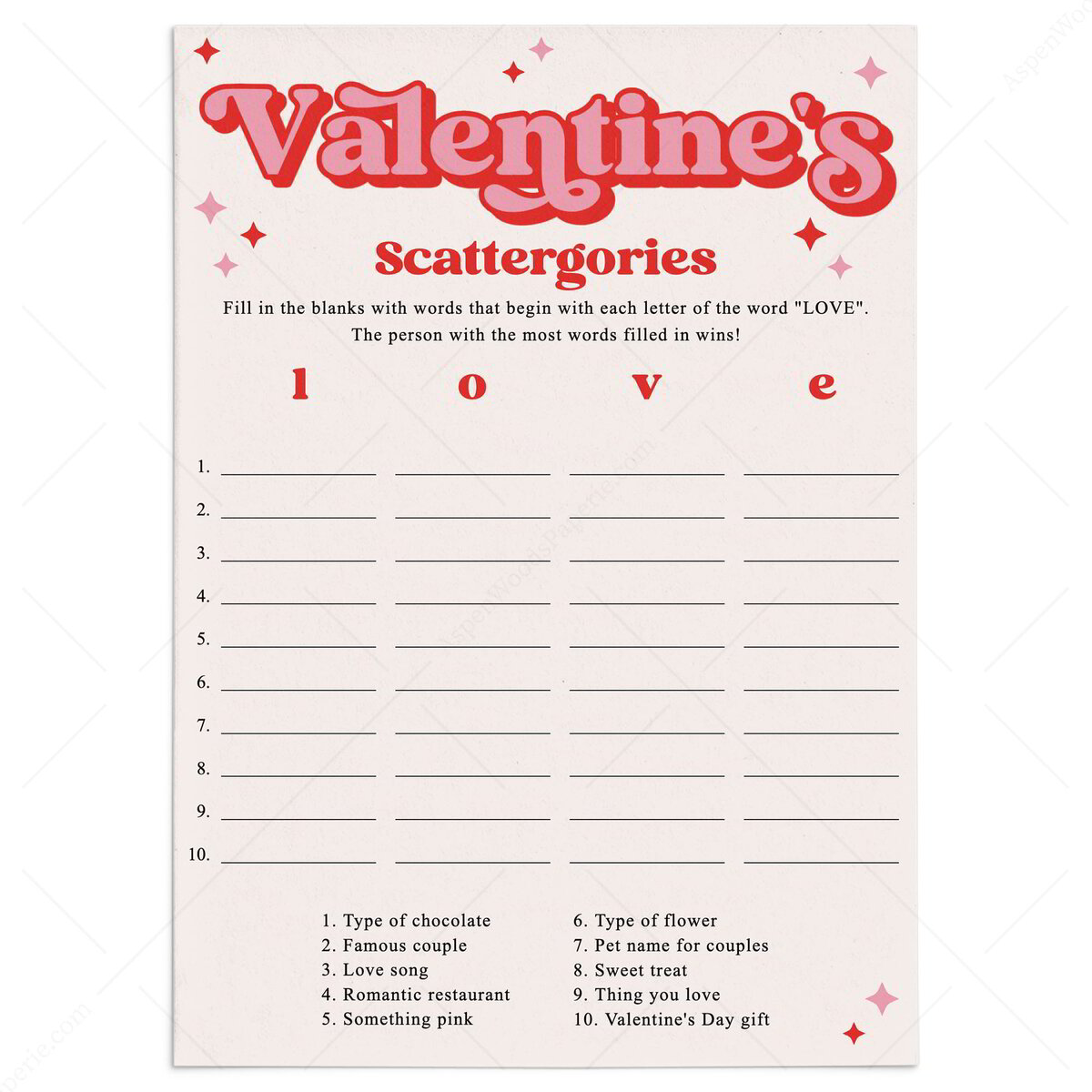 Red and Pink Valentines Day Word Game for Groups | Printable