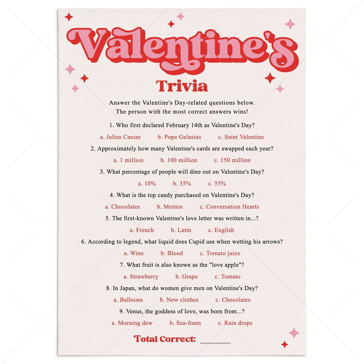 Trivia Valentines Day Quiz Questions Game Sheet | Printable