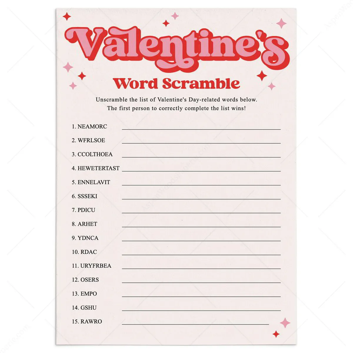 Sparkling Classroom Valentines Day Word Scramble Game | Printable