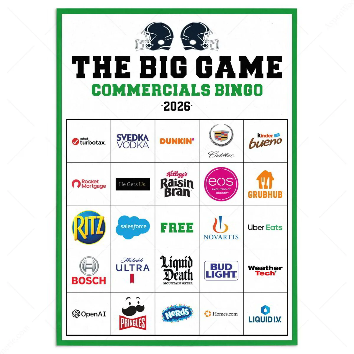 Football Watch Party Commercials Bingo | Large Groups