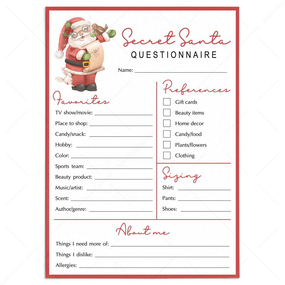 Christmas Secret Santa Questionnaire | Gift Exchange Card