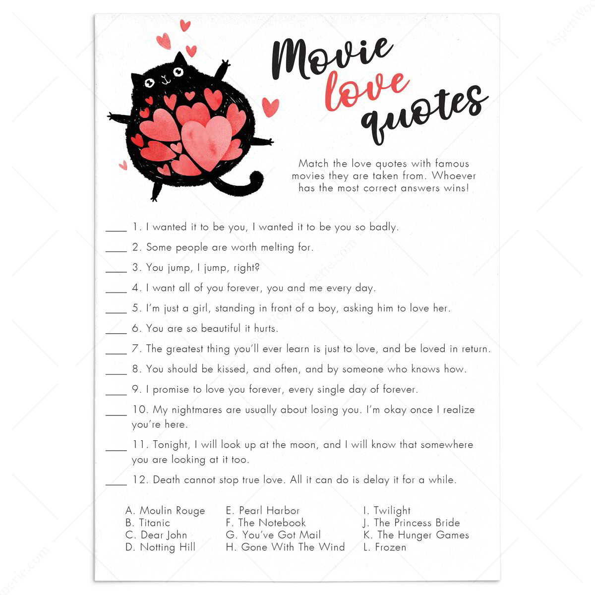 Guess the Movie Love Quotes Matching Game | Girls Game Night