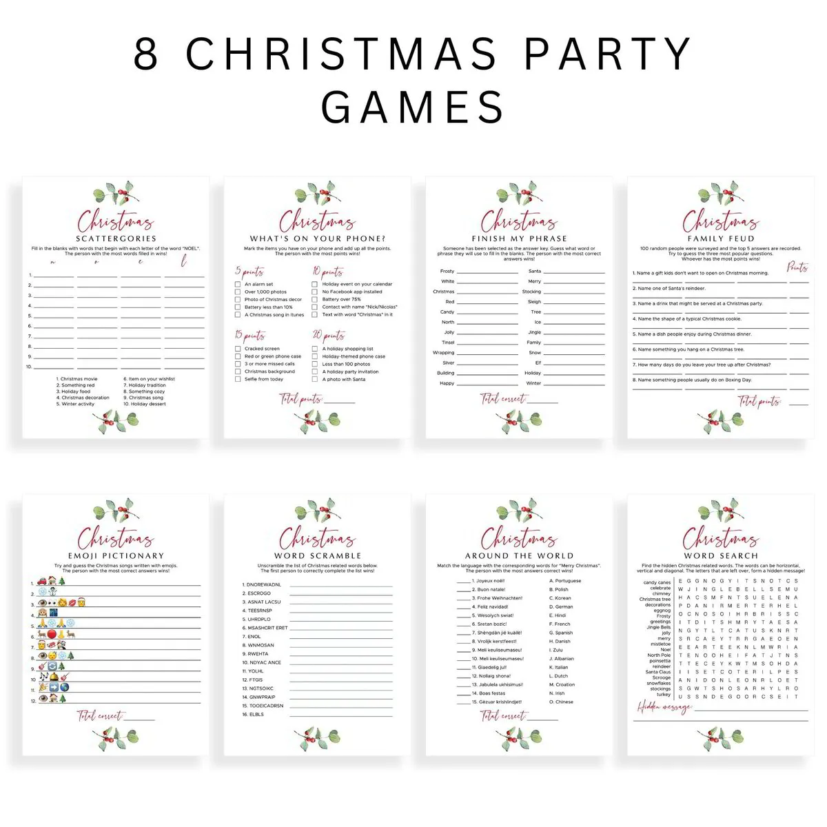 Holiday Games Bundle Templates | Red Christmas Berries