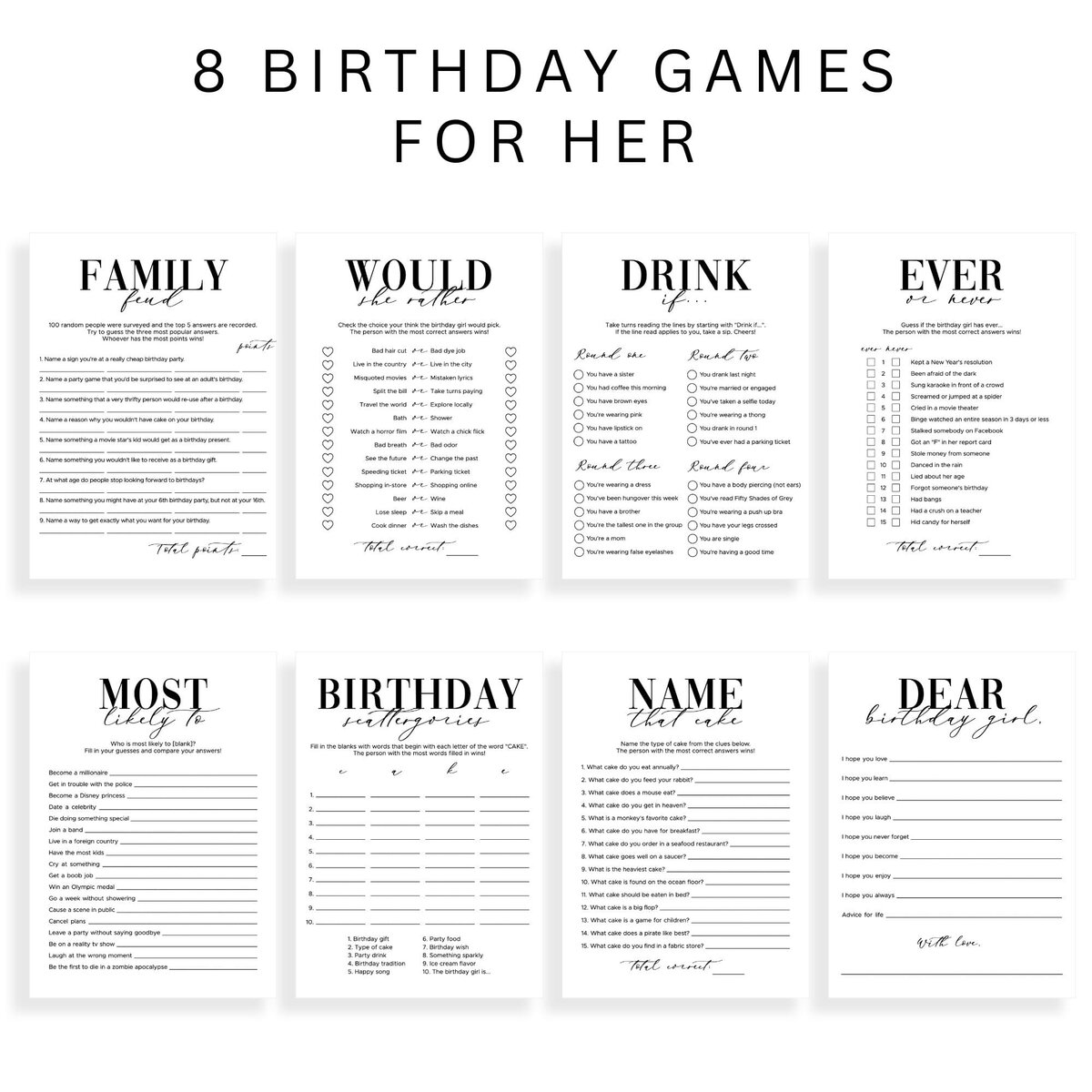 Black and White Birthday Games for Her | Bundle of 8