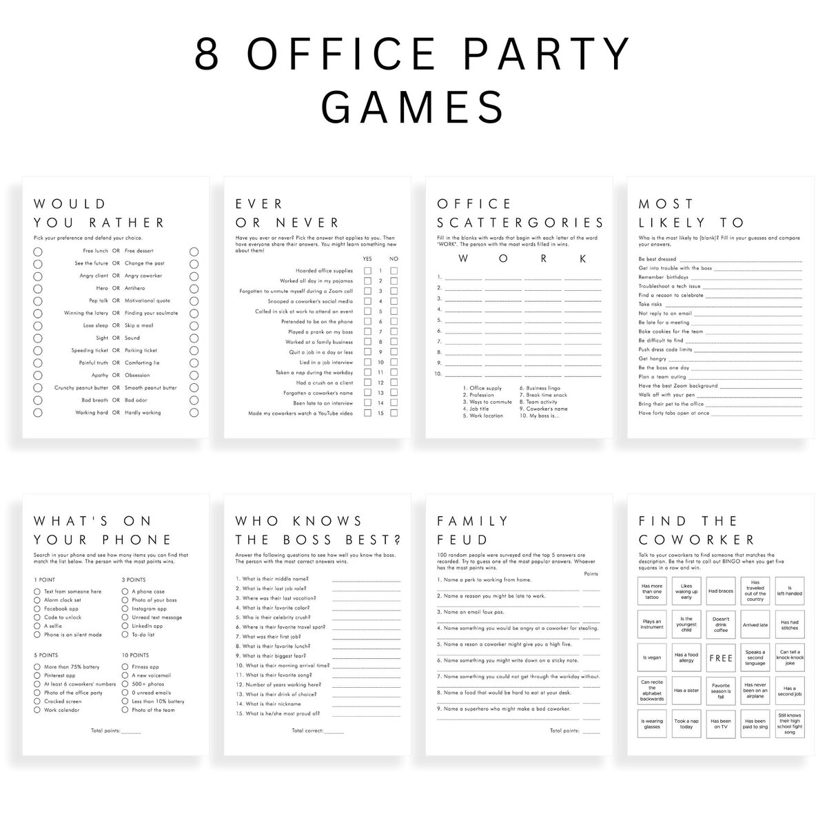 Minimalist Work Party Games Bundle | Editable Templates