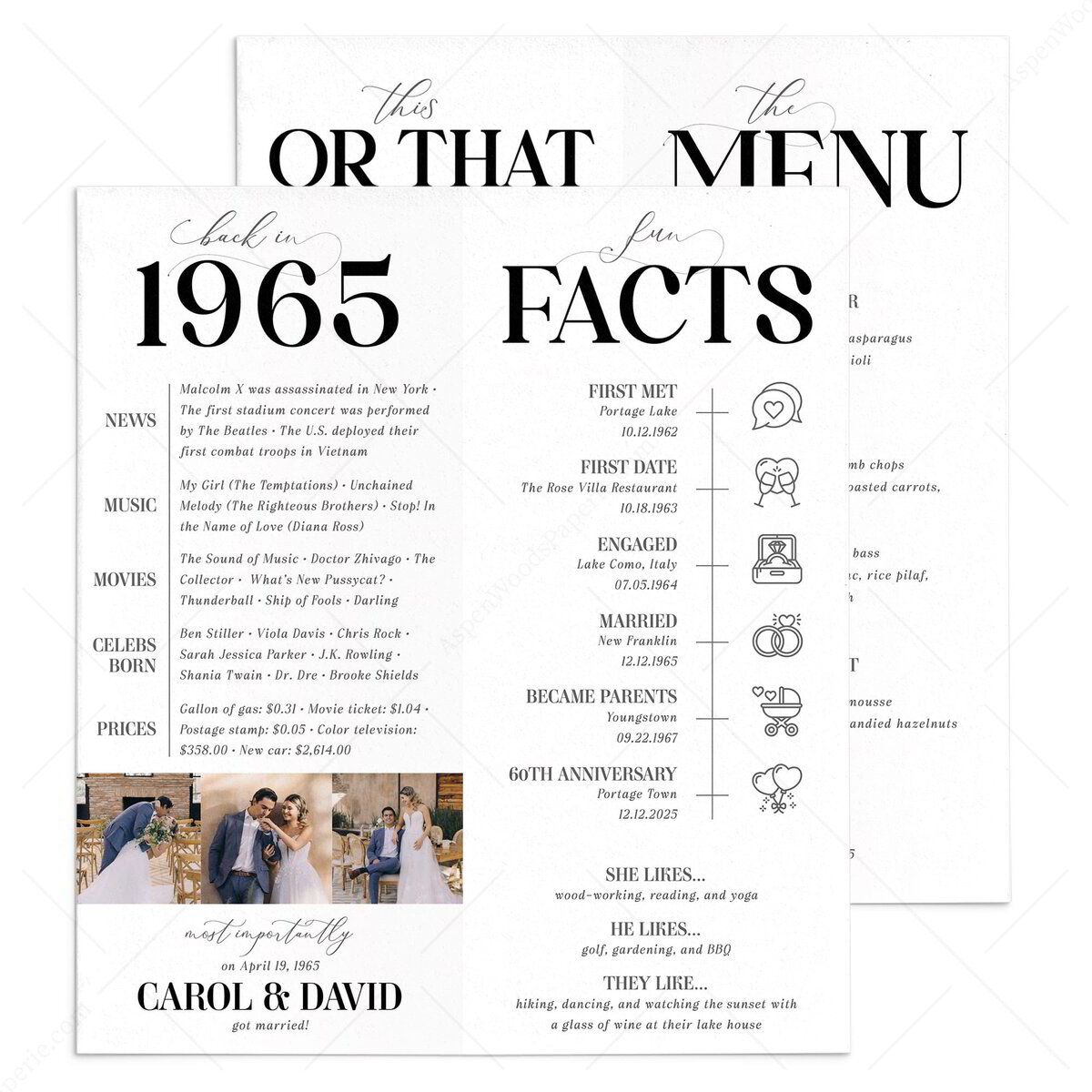 Back in 1965 Wedding Anniversary Menu | Booklet About the Couple