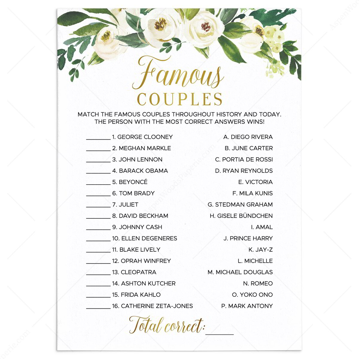 Famous Couples Matching Game | White Floral Anniversary Party