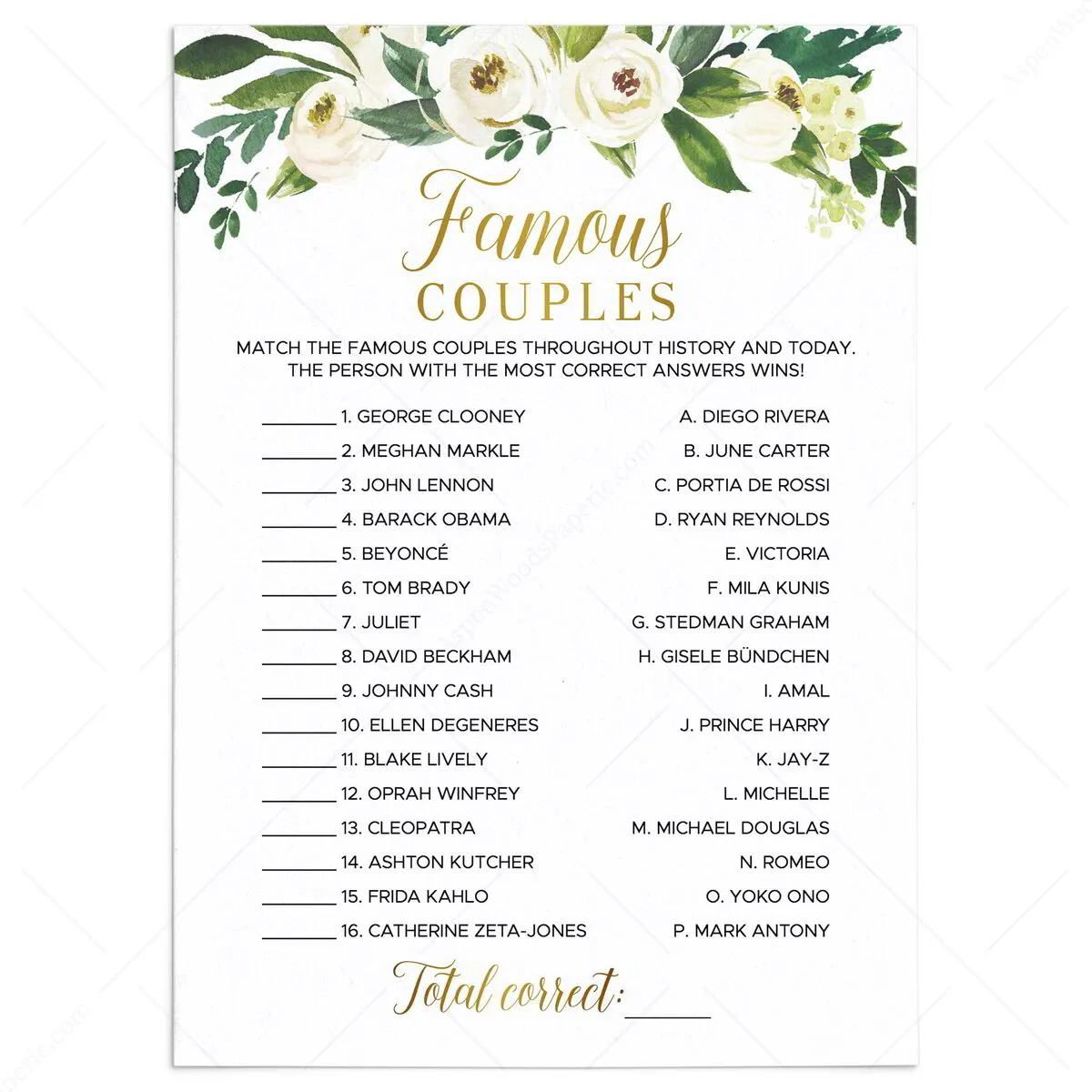 Famous Couples Matching Game | White Floral Anniversary Party