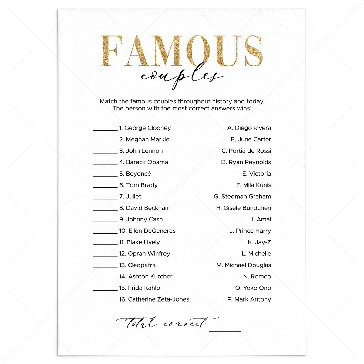 Gold Match the Famous Couples Game | Instant Download