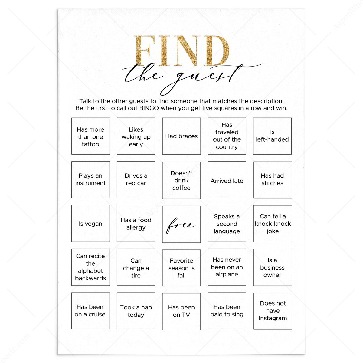 Find the Guest Bingo | Wedding Anniversary Icebreaker Game