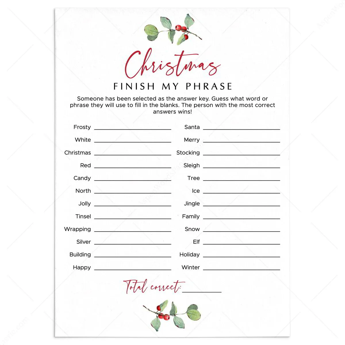 Finish My Phrase Christmas Game Printable | Greenery Themed