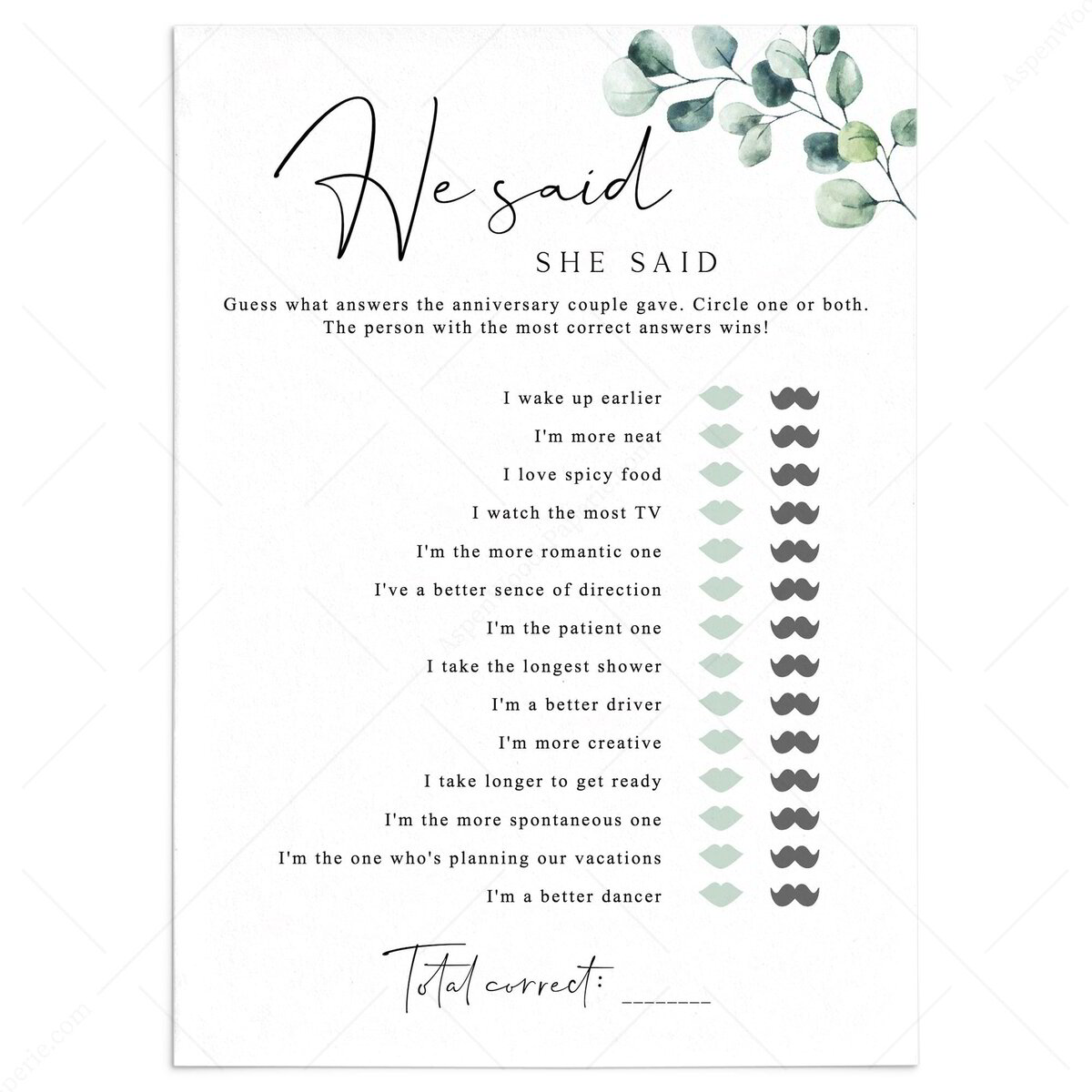 He Said She Said Wedding Anniversary Game | Instant Download