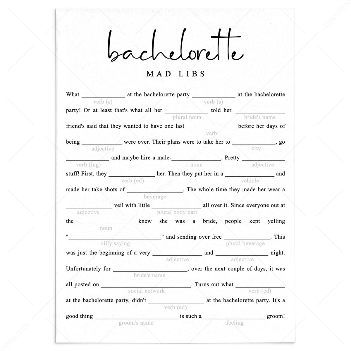 Printable Mad Libs Game for Bachelorette Party | Instant Download
