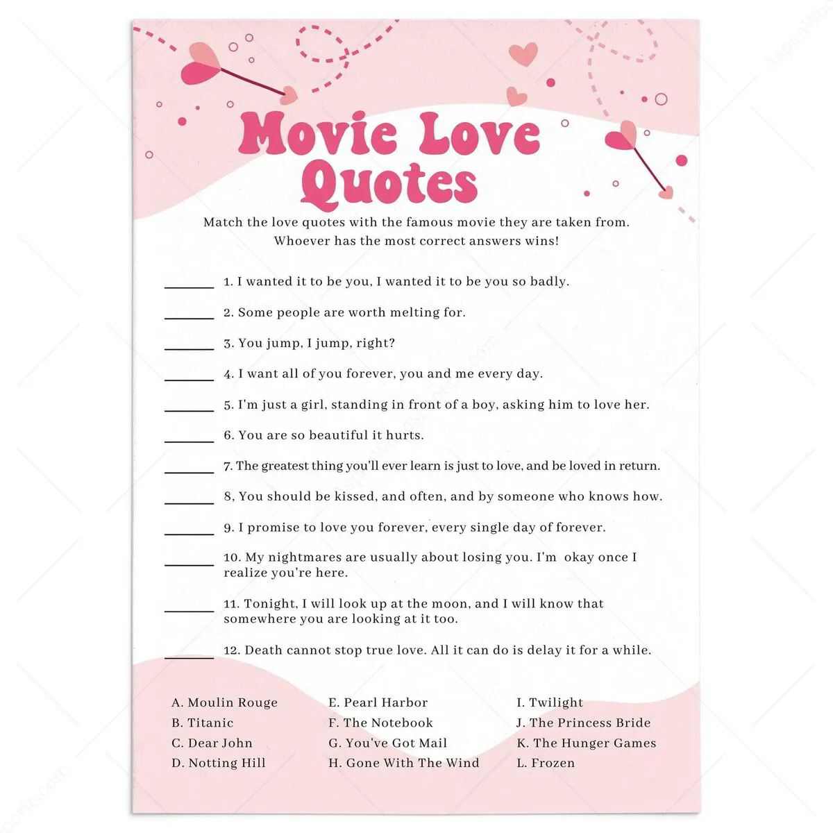 Romantic Movie Love Quotes Game for Galentines Party | Printable