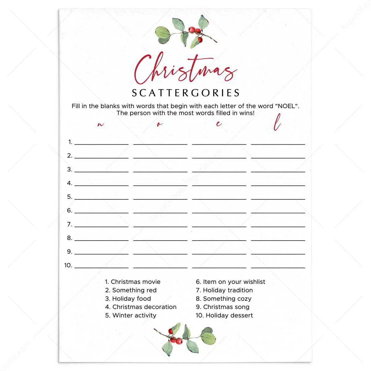 Holiday Scattergories Categories Game | Christmas Berries