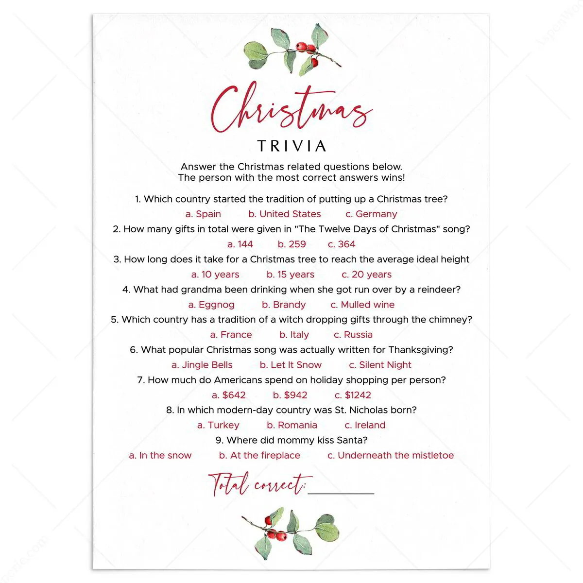 Multiple Choices Christmas Trivia Questions | Instant Download