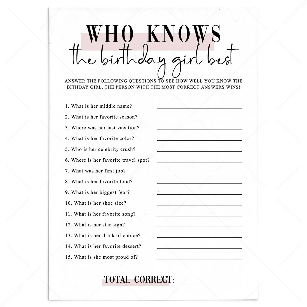 Who Knows The Birthday Girl Best Birthday Game Pink | Printable