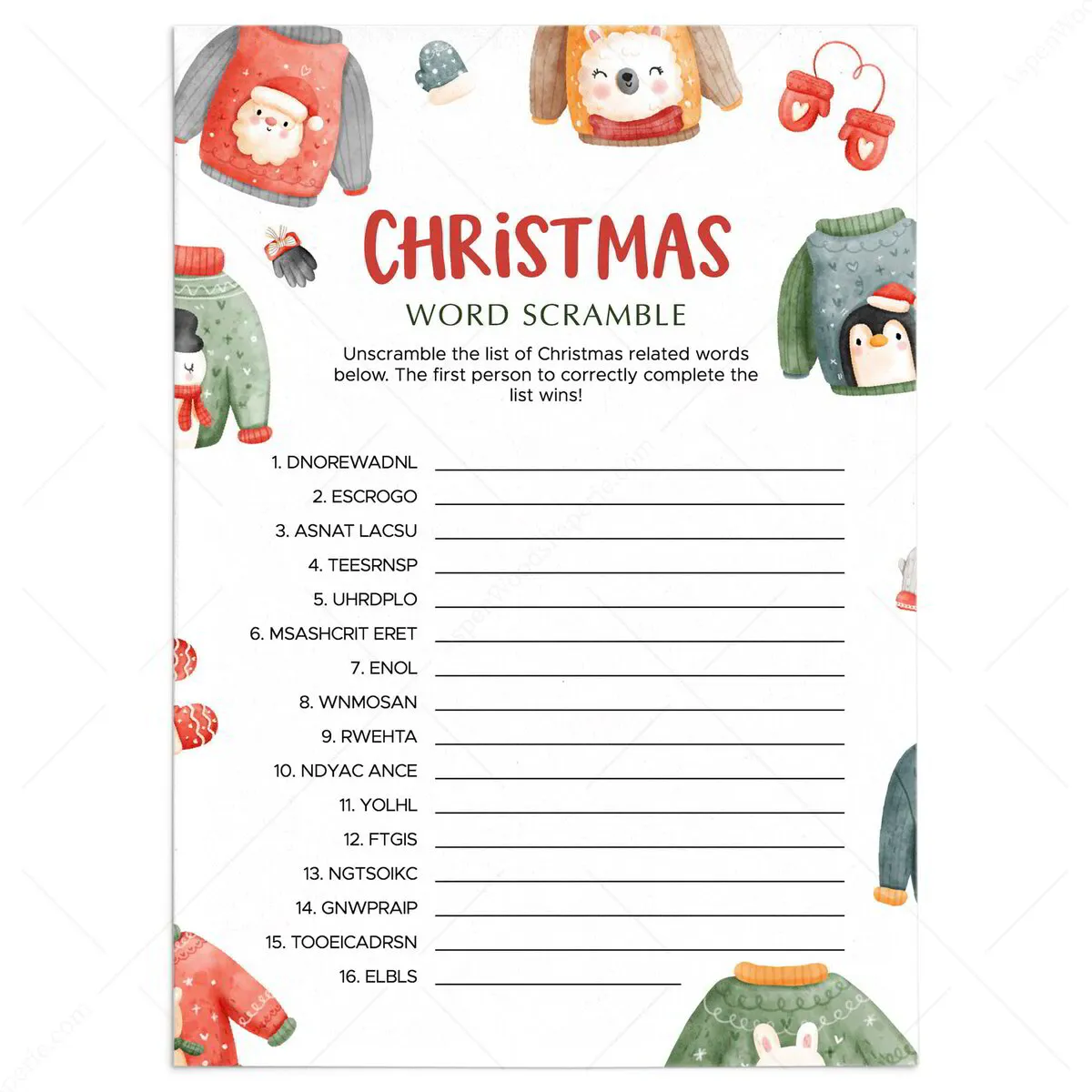 Christmas Holiday Word Scramble and Answers | Ugly Sweater