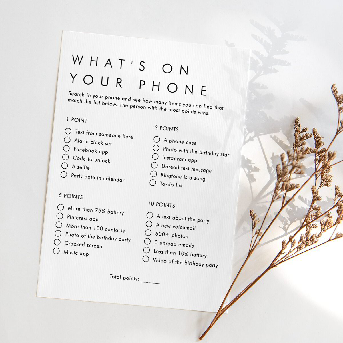 Whats On Your Phone Scavenger Hunt Game | Birthday Bash Idea