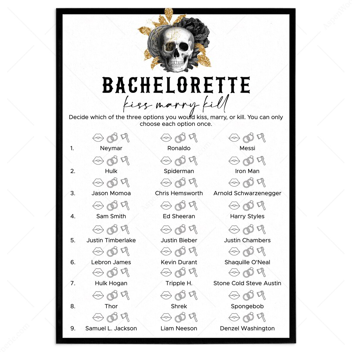 Kiss Marry Kill Game Printable | Bride or Die Bachelorette Party