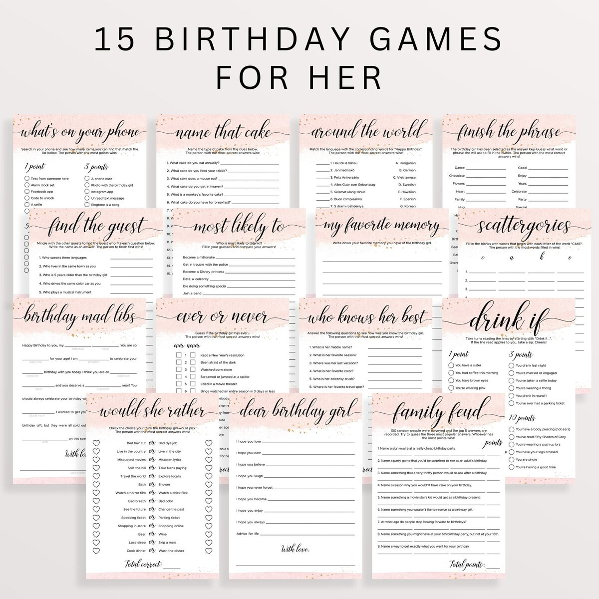 Pink and Gold Birthday Games Bundle for Women