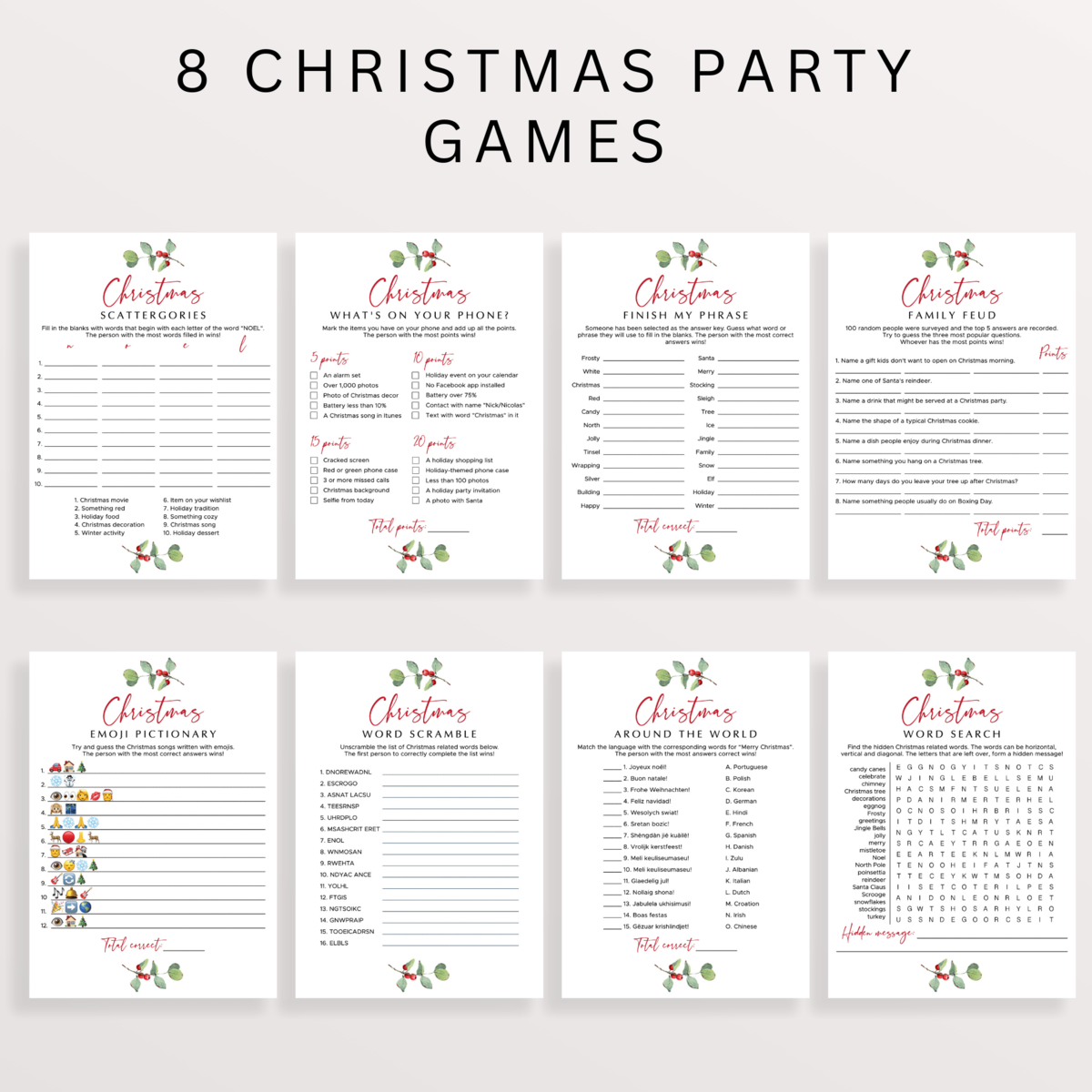Holiday Games Bundle Templates | Red Christmas Berries