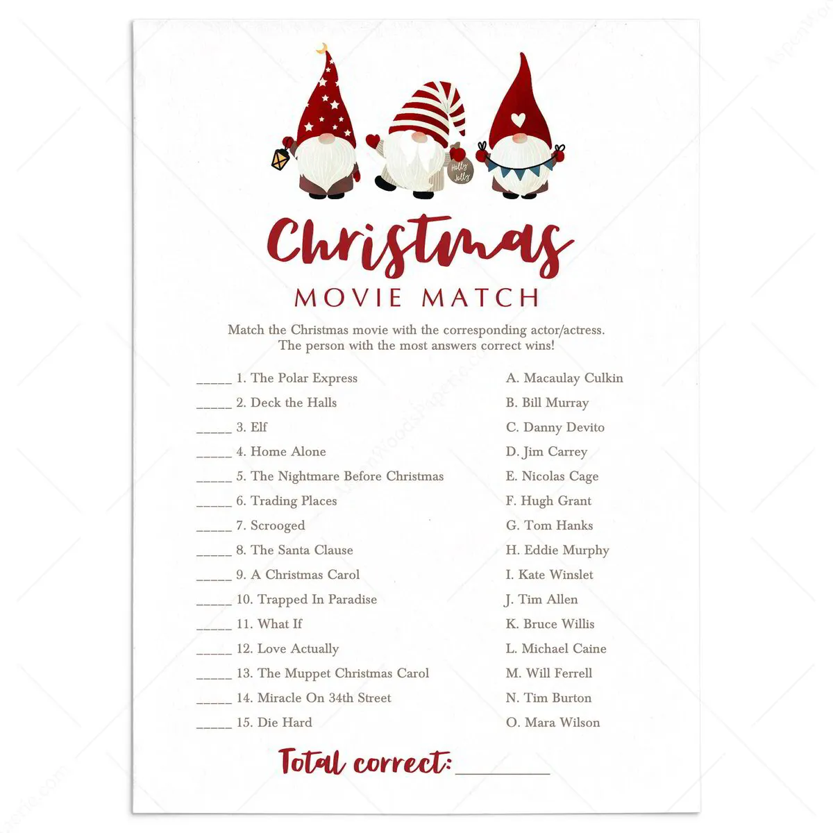 Merry Christmas Match the Movie Game | Instant Download