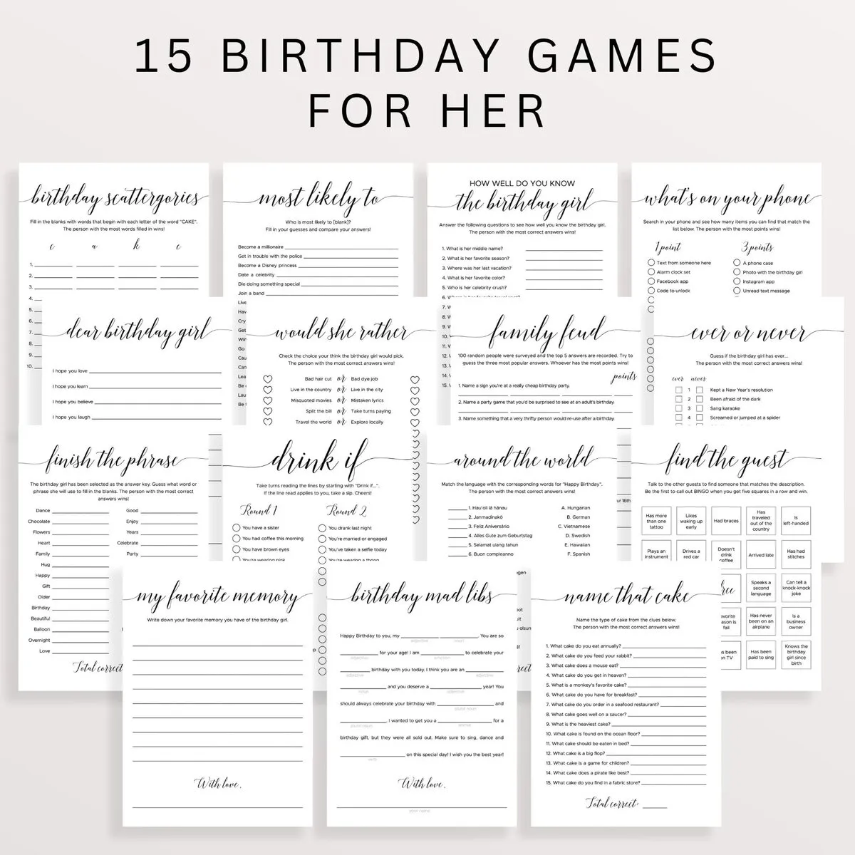 Girl Birthday Games Bundle Printable | Calligraphy Bday