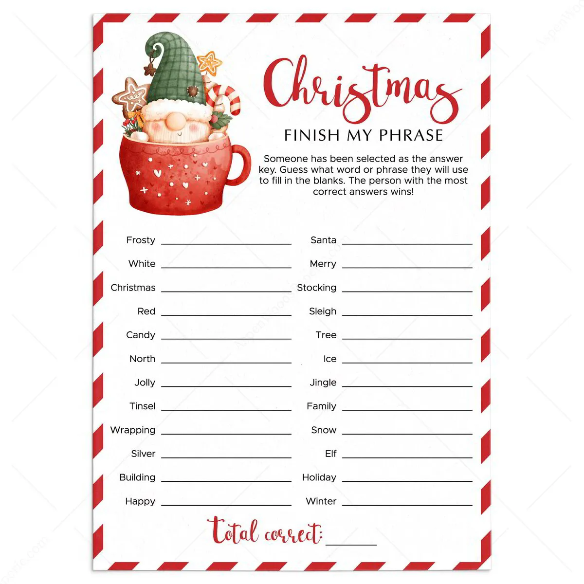 Finish My Christmas Phrase Game Instant Download | Christmas Gnome