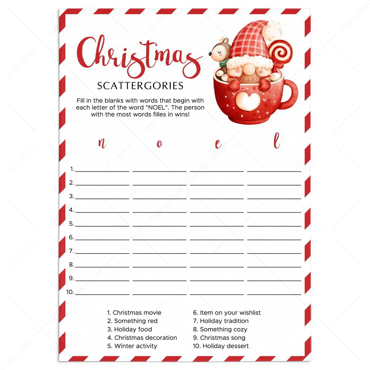 Holiday Scattergories Game Printable | Christmas Gnome Theme