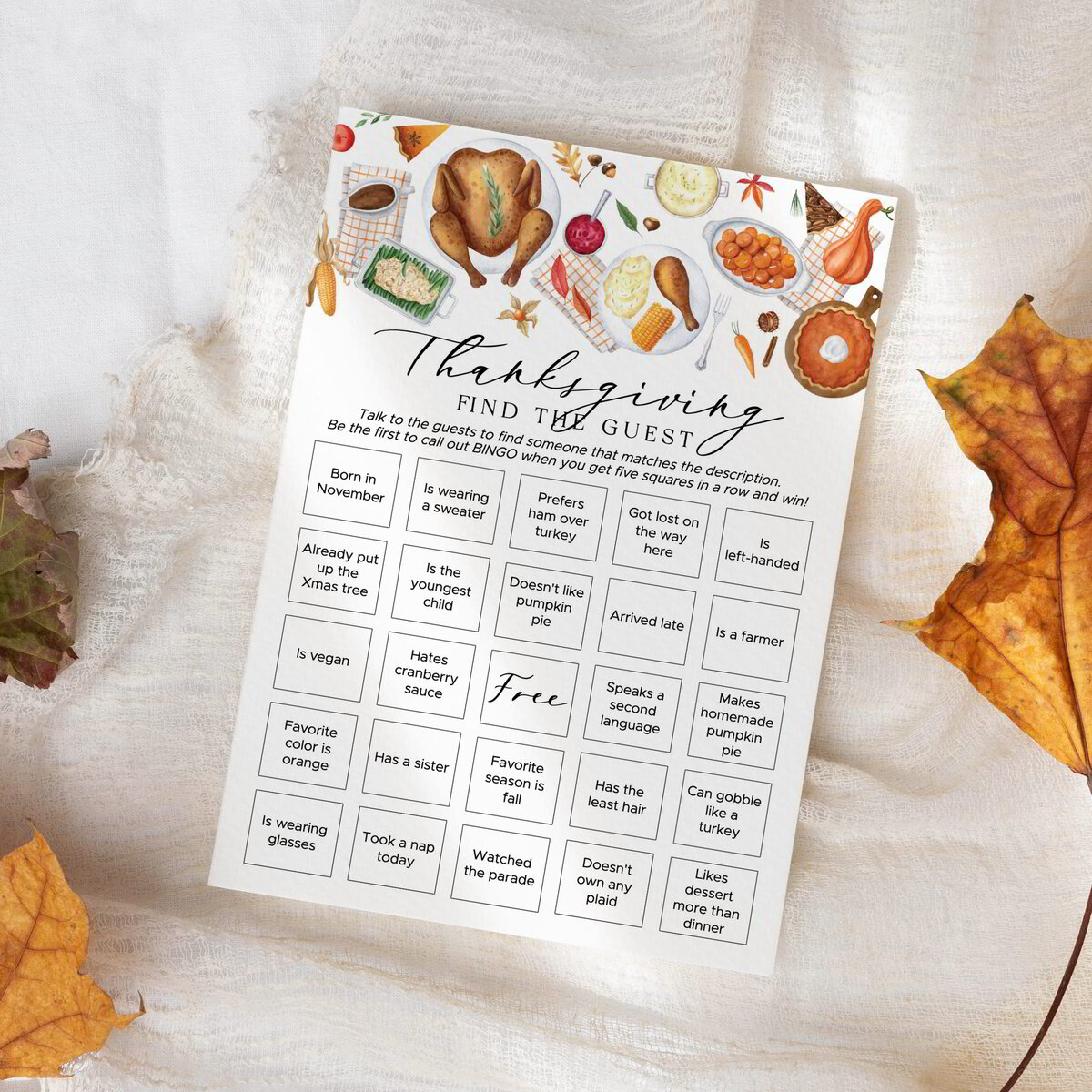 Find the Guest Thanksgiving Bingo Card | Instant Download