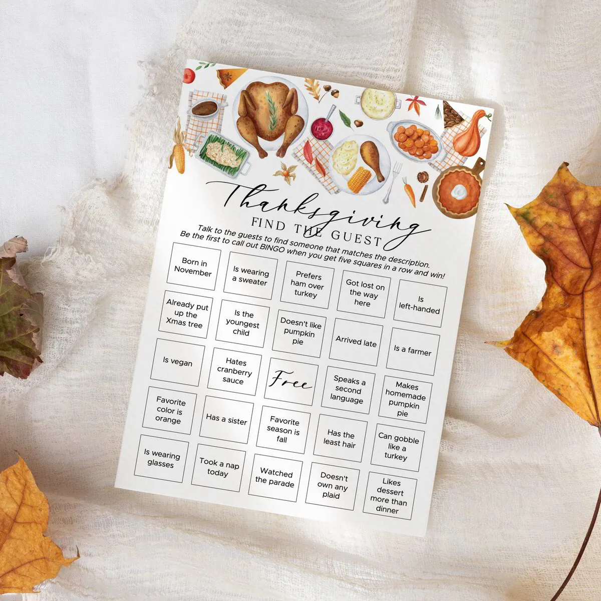 Find the Guest Thanksgiving Bingo Card | Instant Download
