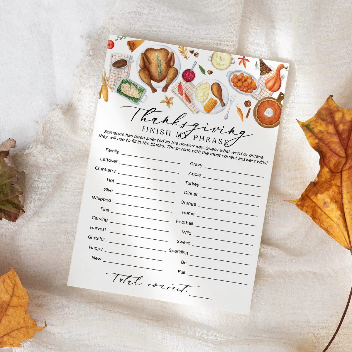 Fun Finish My Phrase Game | Thanksgiving Printable Game Idea