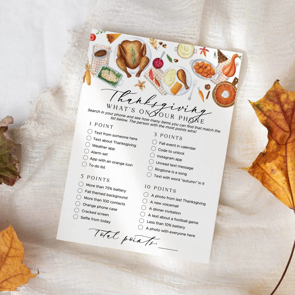 Whats On Your Phone Printable | Thanksgiving Party Game for All Ages