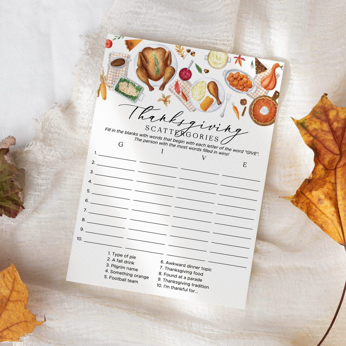 Watercolor Thanksgiving Scattergories Game | Instant Download