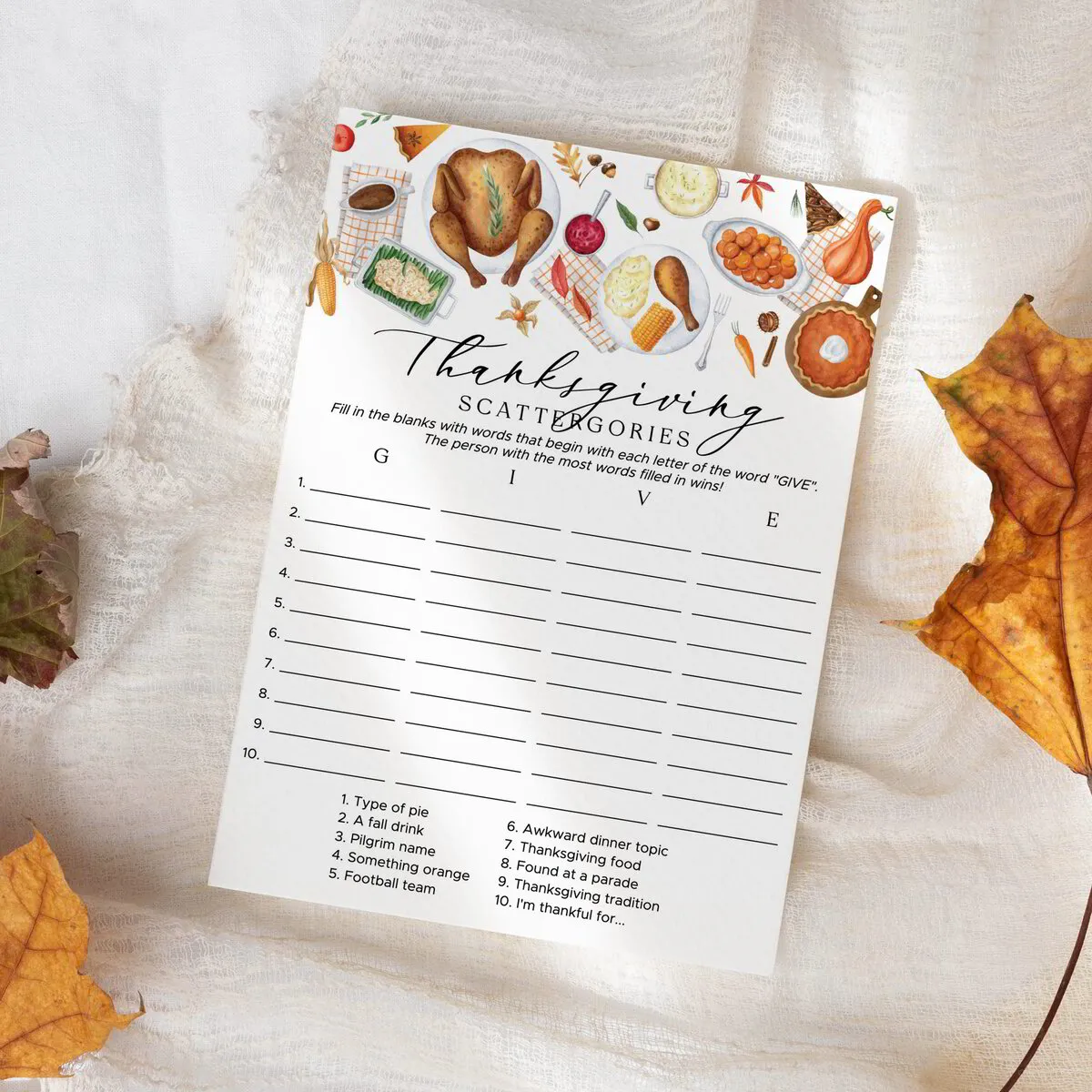 Watercolor Thanksgiving Scattergories Game | Instant Download