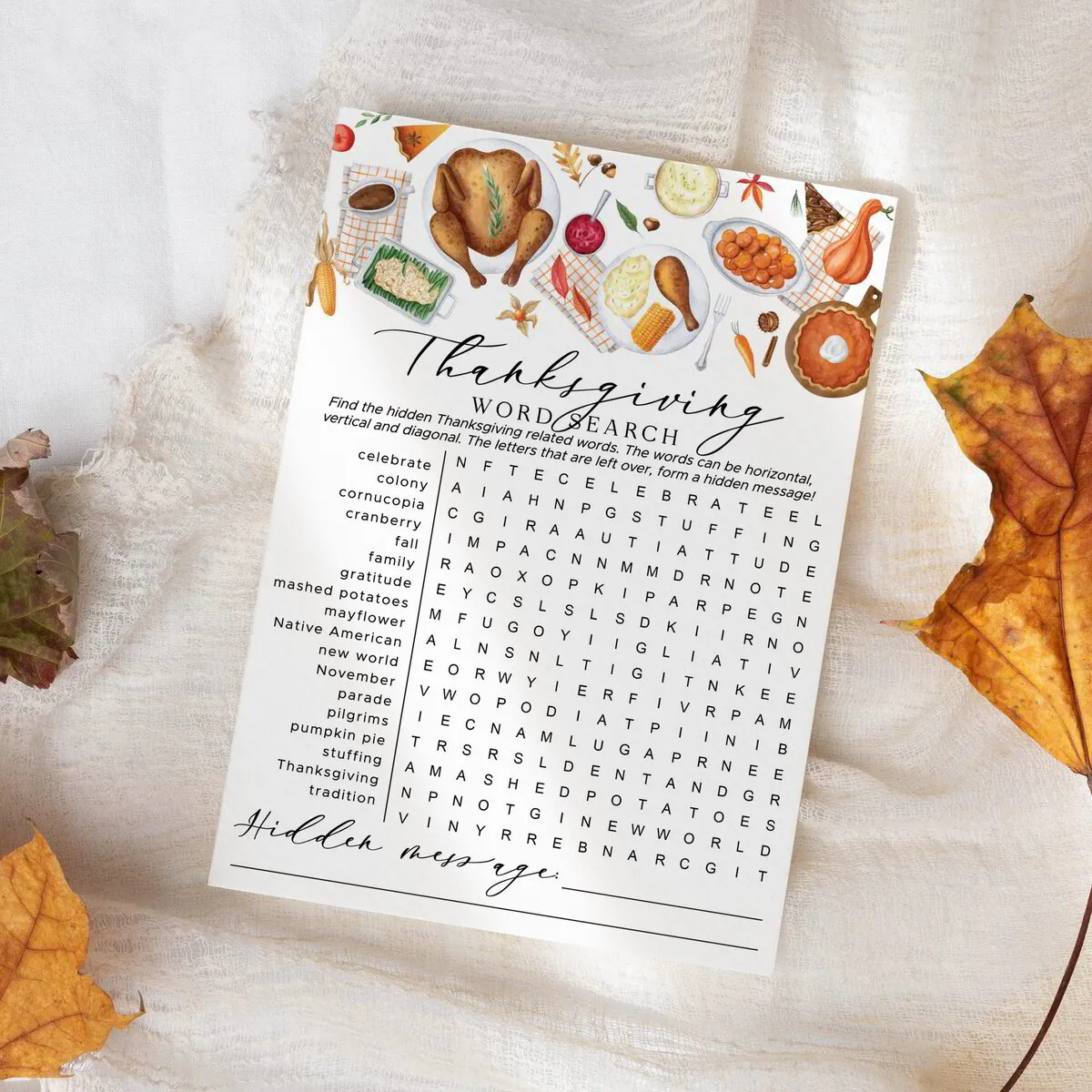 Fun Thanksgiving Word Search Printable With Hidden Message | Download Now