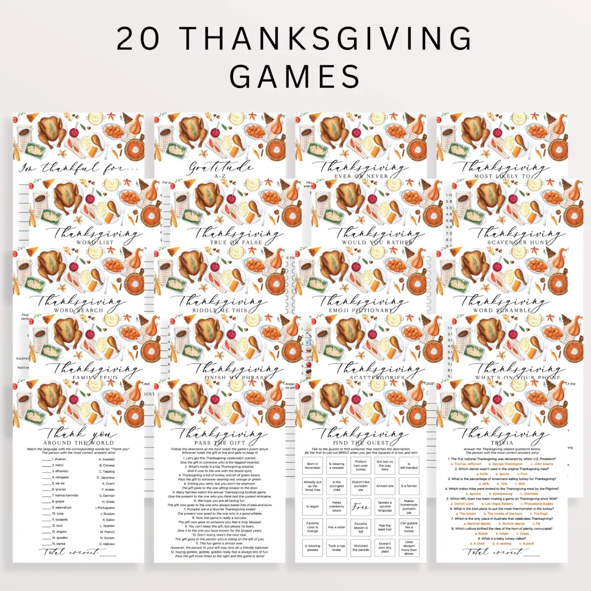Elegant Thanksgiving Games Bundle Printable | Editable Templates
