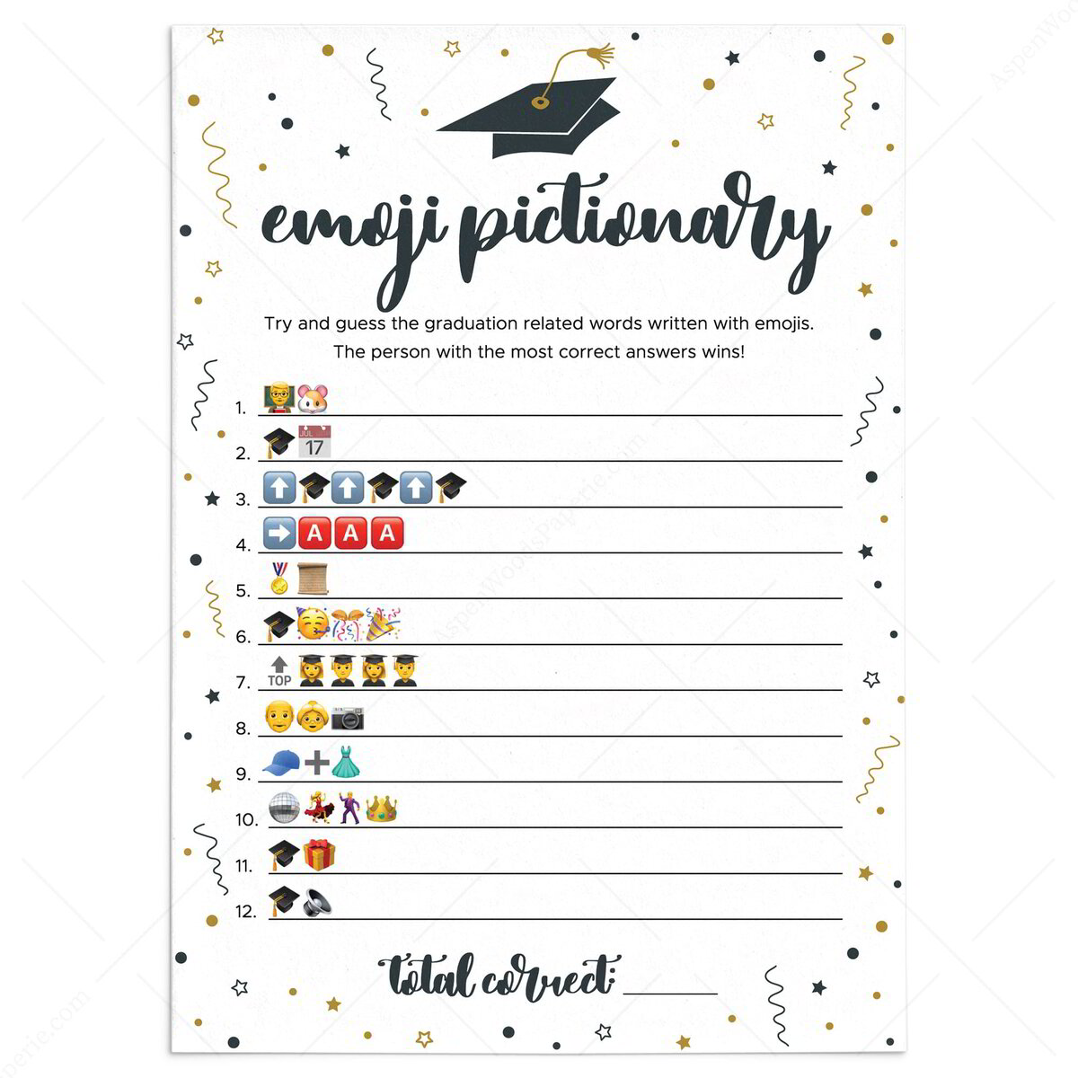 Black and Gold Graduation Emoji Pictionary Game | Printable