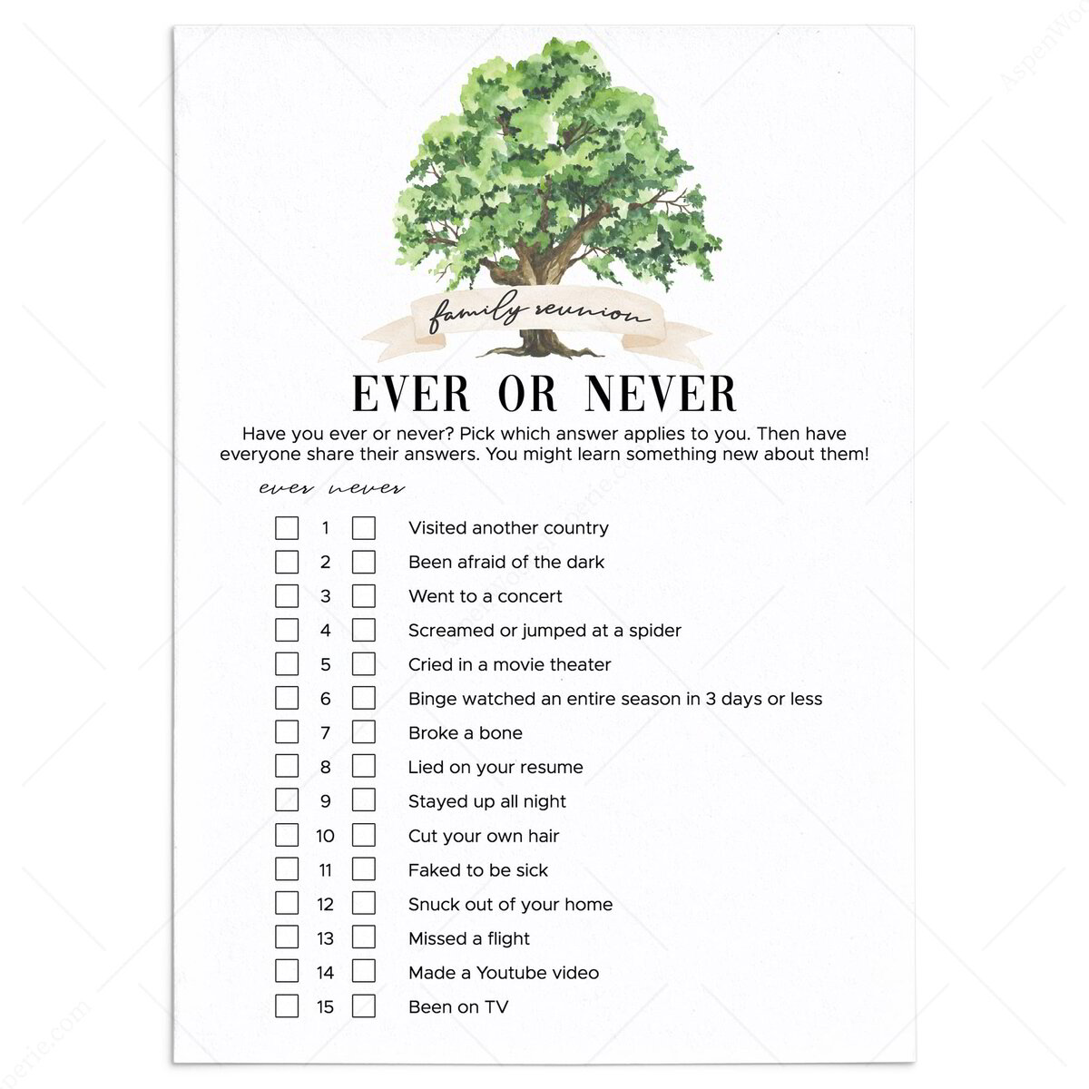Ever or Never Game for Family Gatherings | Printable