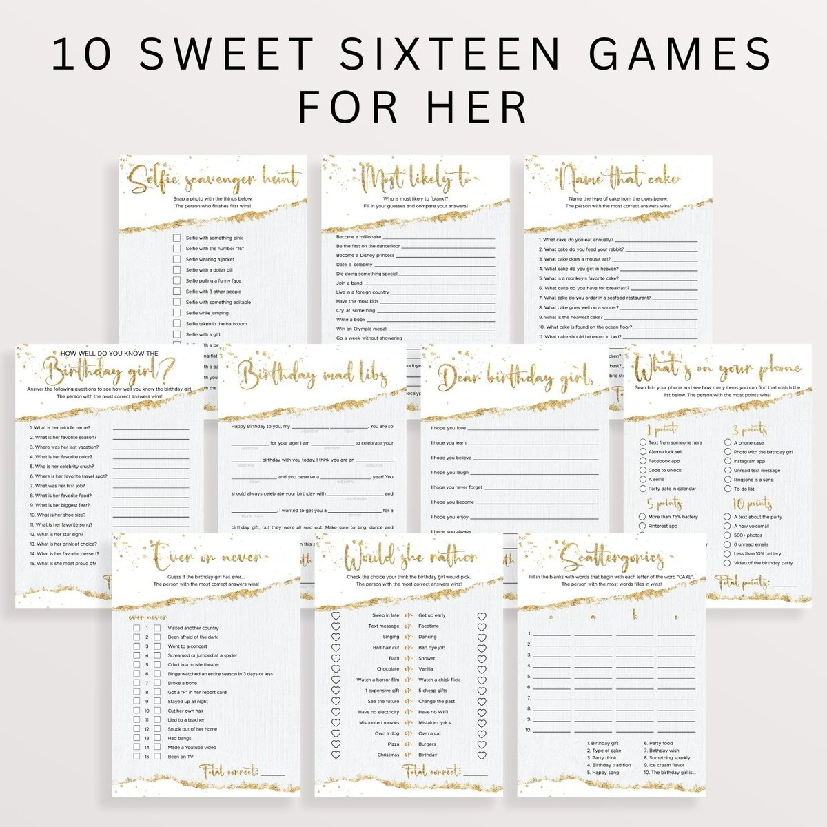 Gold Sweet 16 Games Pack for Her | Digital Download
