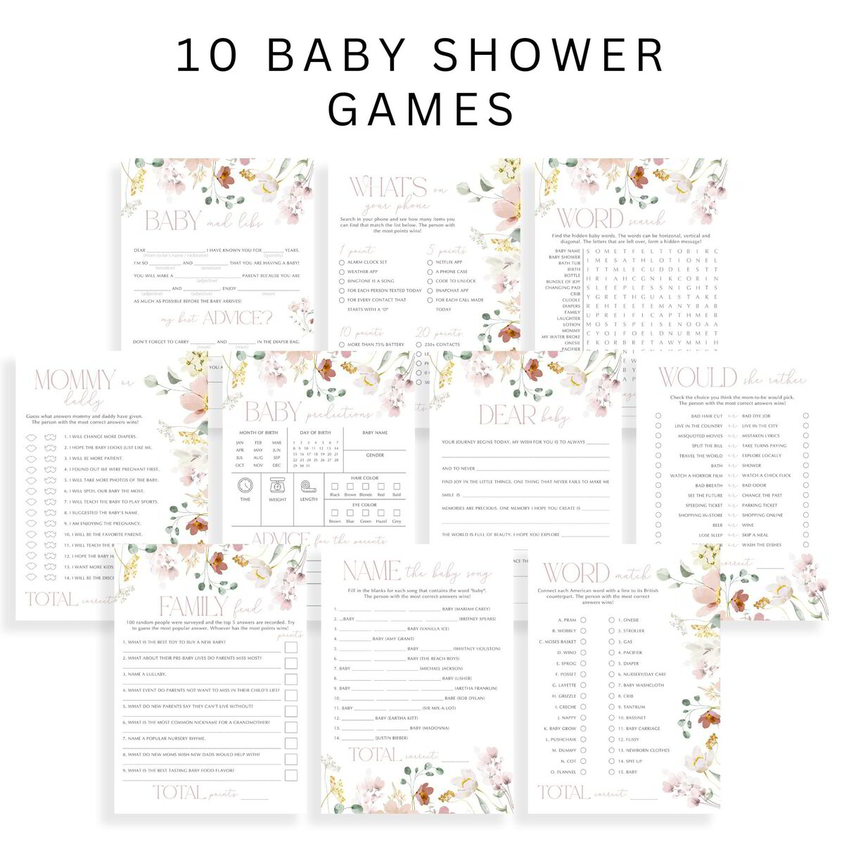 Delicate Baby Shower Games Package | Wildflower Themed