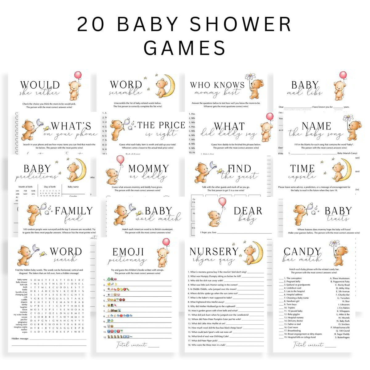 Baby Bear Baby Shower Games Bundle | Editable Templates