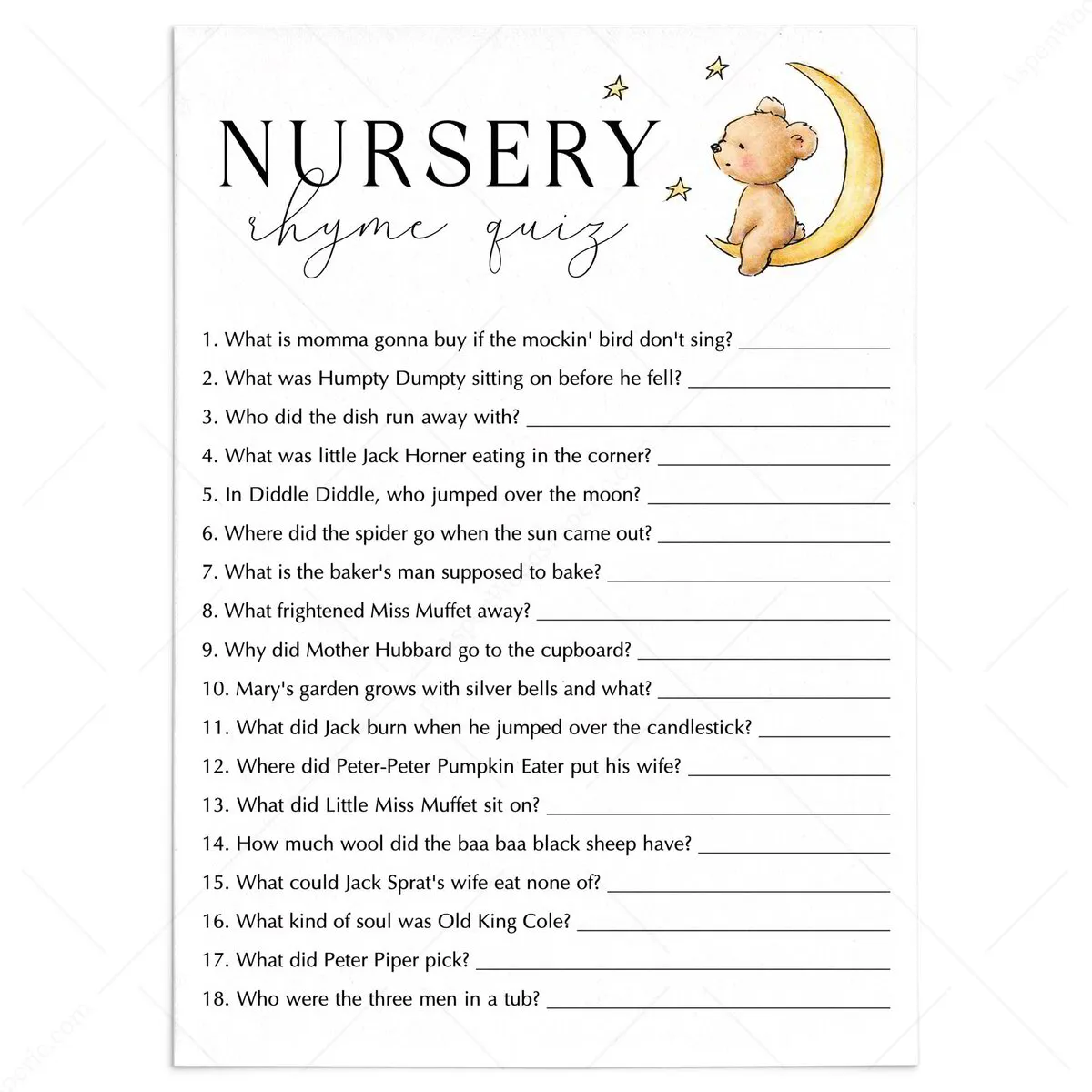 Bear Baby Shower Nursery Rhyme Quiz Questions | Printable