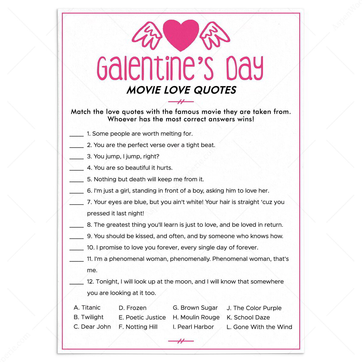Romantic Movie Love Quotes Game | Galentines Day Party