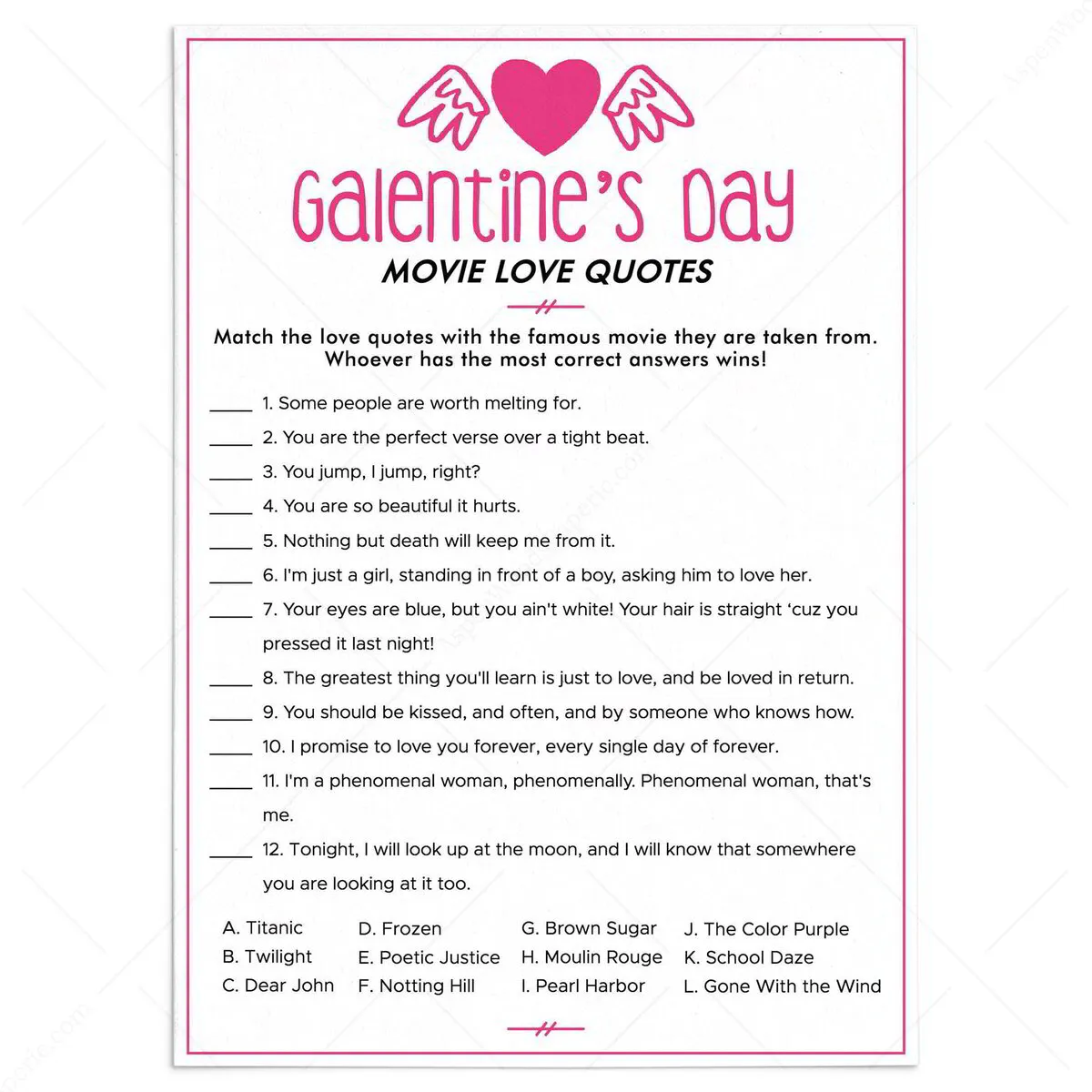 Romantic Movie Love Quotes Game | Galentines Day Party
